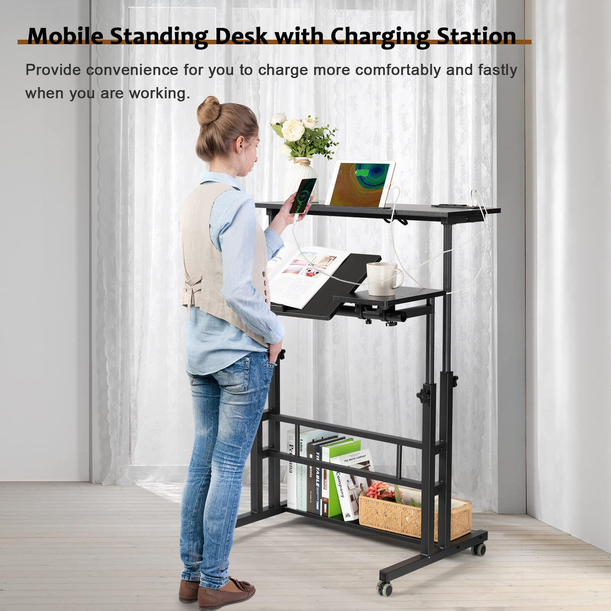 Black Upgrade Rolling Adjustable Mobile Standing Desk with Wheels, UP3 ...