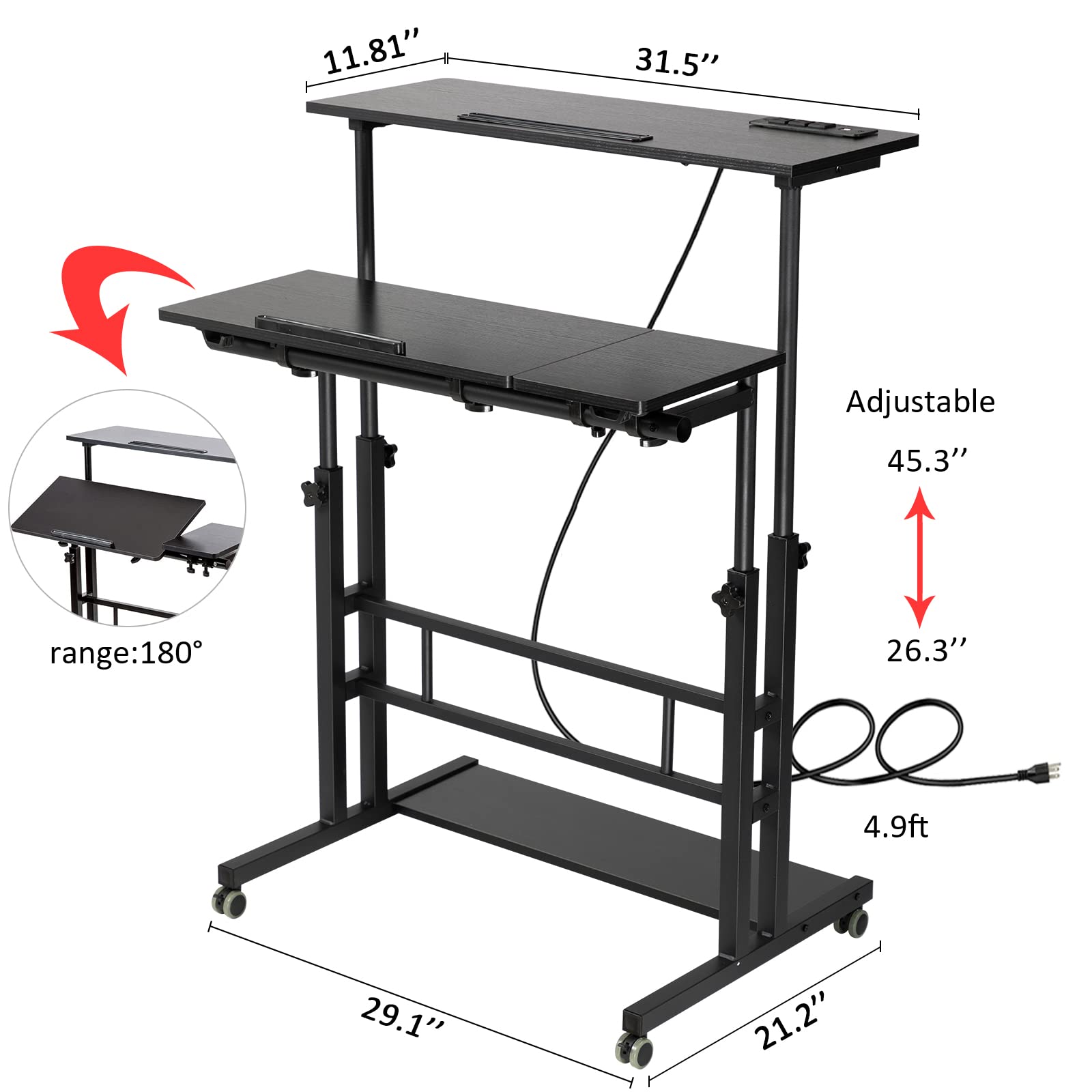 Black Upgrade Rolling Adjustable Mobile Standing Desk with Wheels, UP3 ...