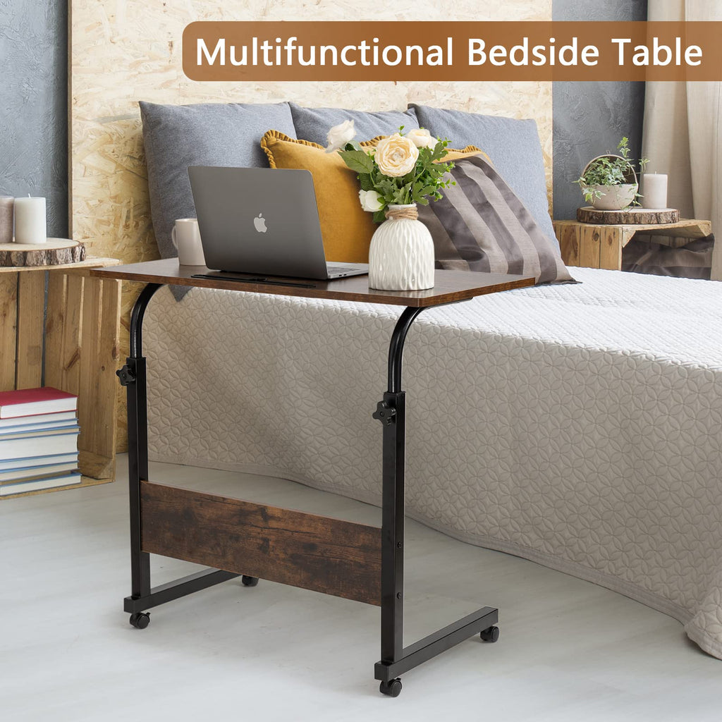 Rustic Brown Adjustable Over Bed Side Table with Wheels for Sofa – Hadulcet