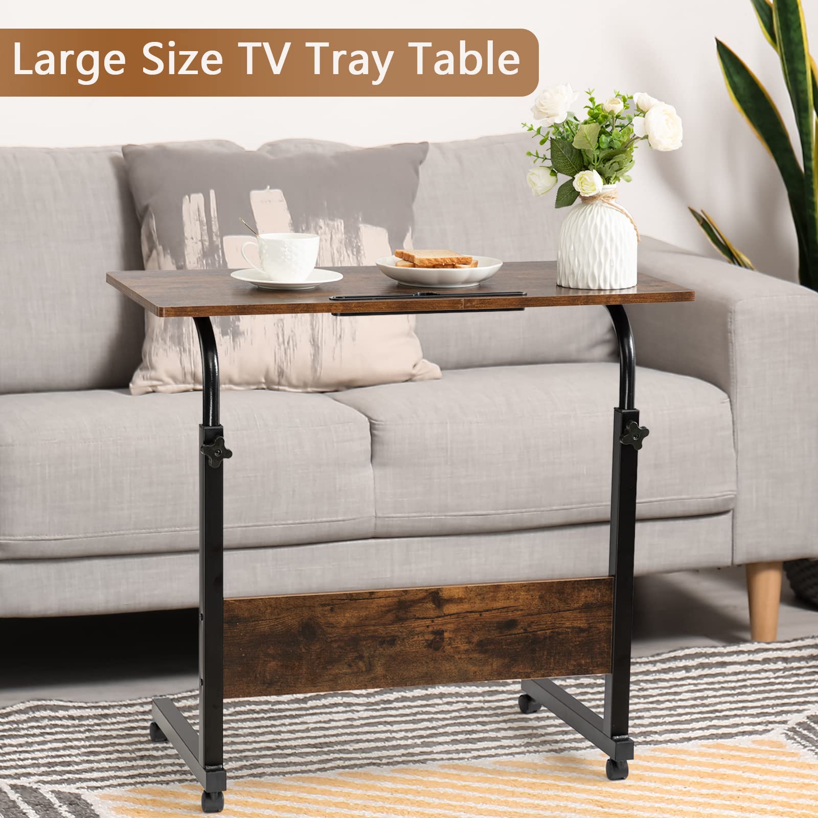 Rustic Brown Adjustable Over Bed Side Table with Wheels for Sofa – Hadulcet