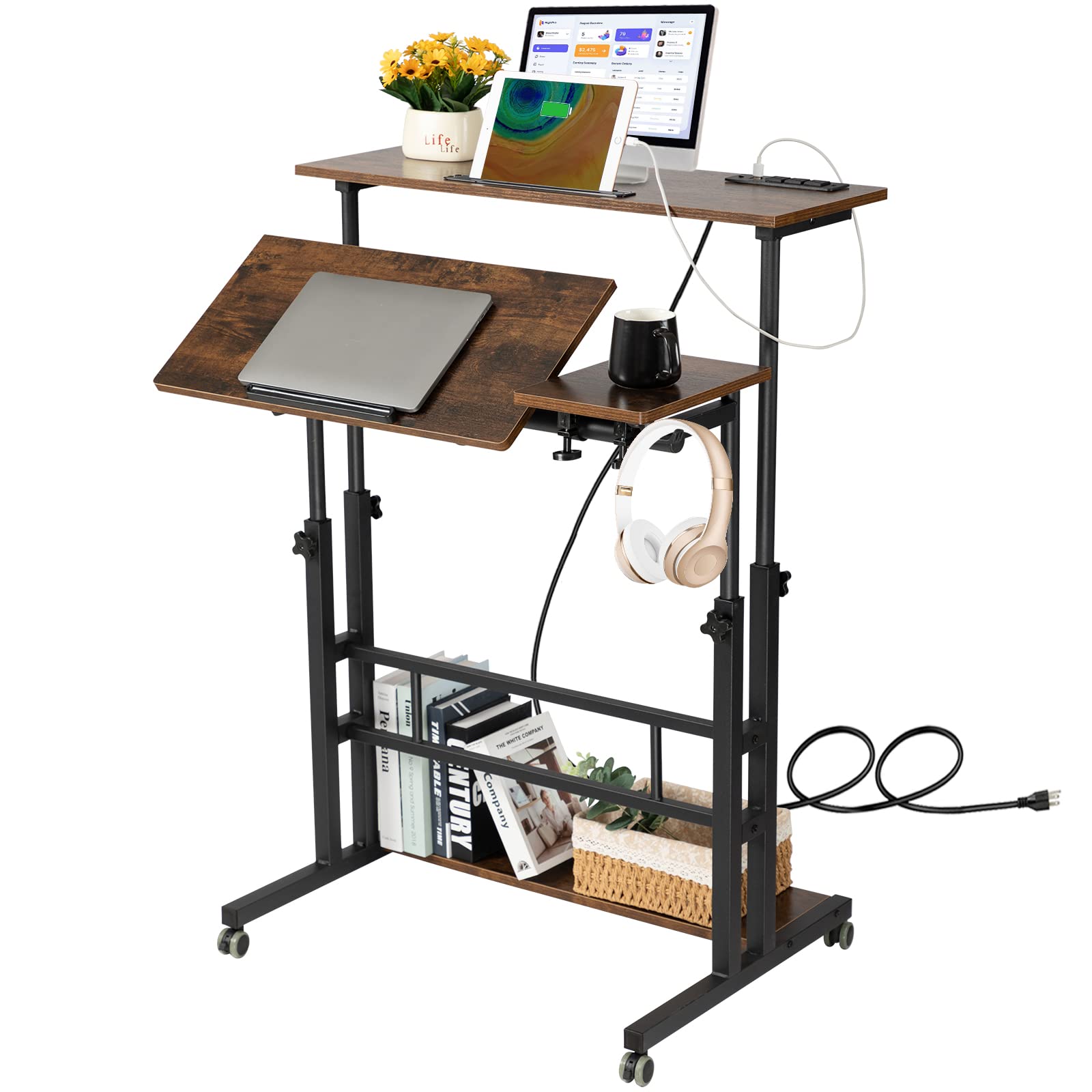 Rustic Brown Upgrade Rolling Adjustable Mobile Standing Desk with Whee ...