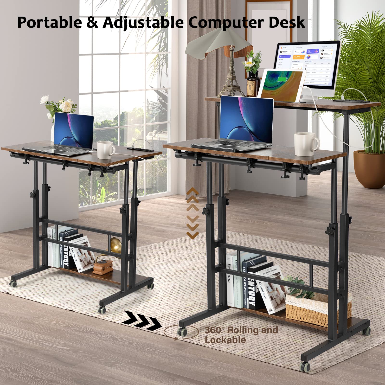 Rustic Brown Upgrade Rolling Adjustable Mobile Standing Desk with Whee ...