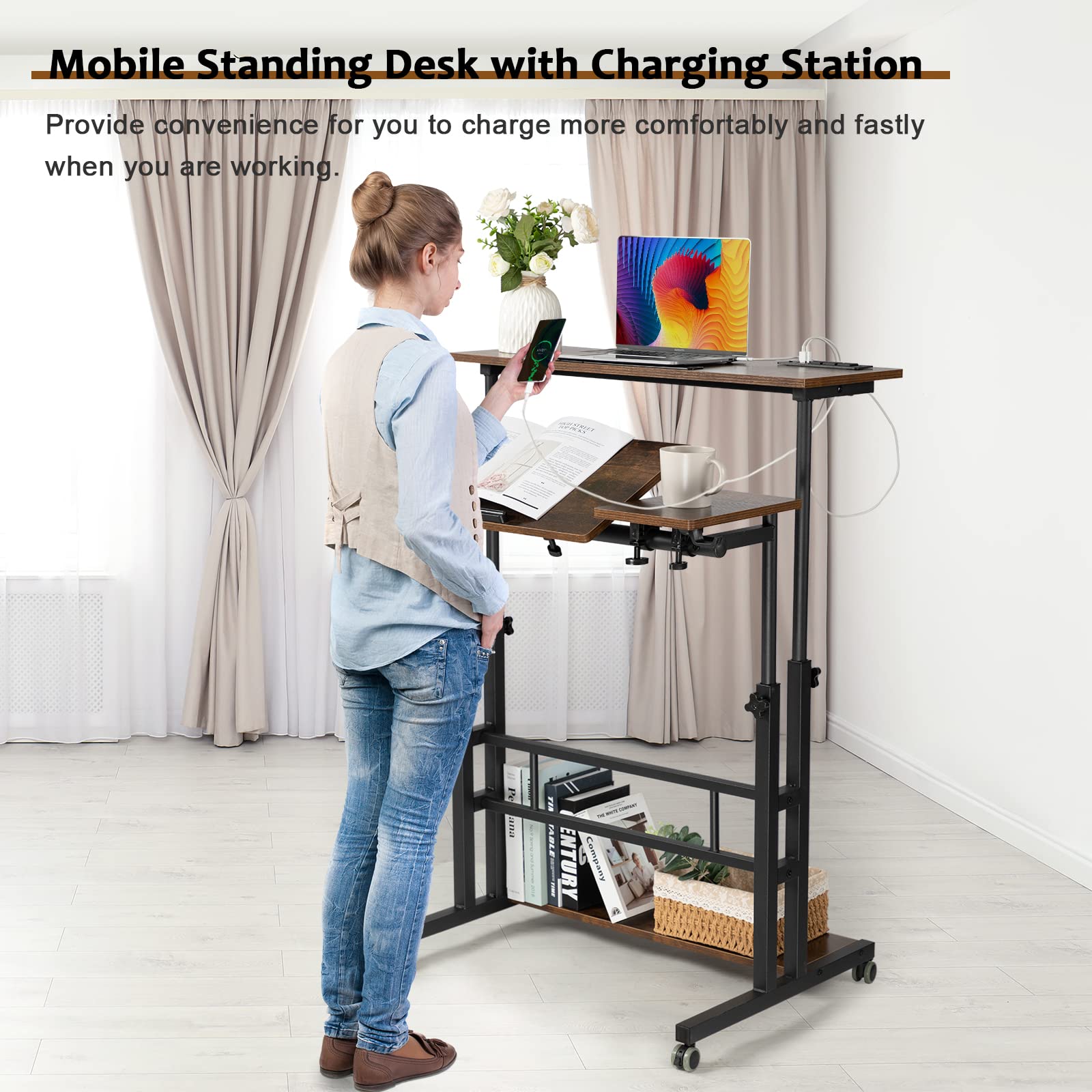Rustic Brown Upgrade Rolling Adjustable Mobile Standing Desk with Whee ...