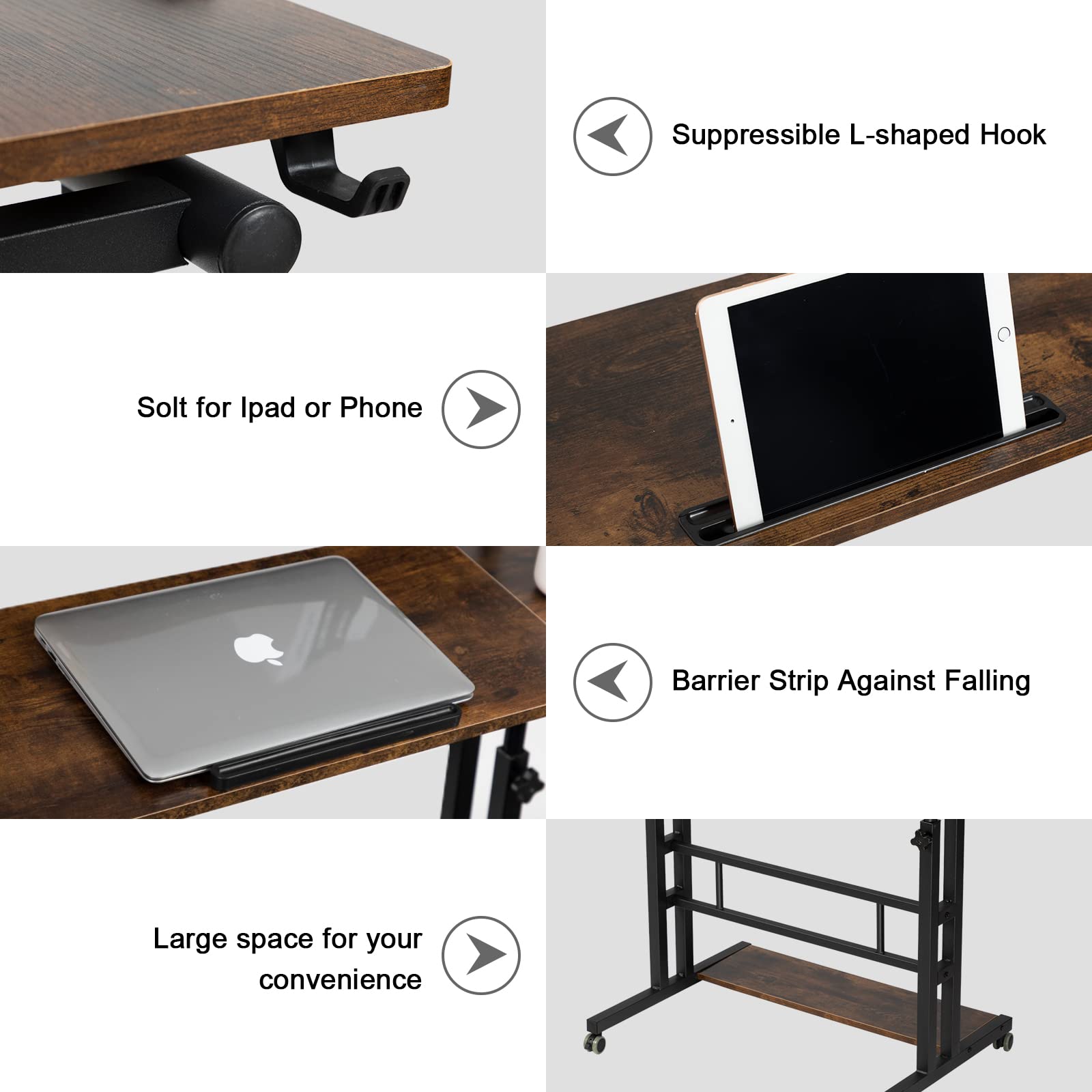Rustic Brown Upgrade Rolling Adjustable Mobile Standing Desk with Whee ...