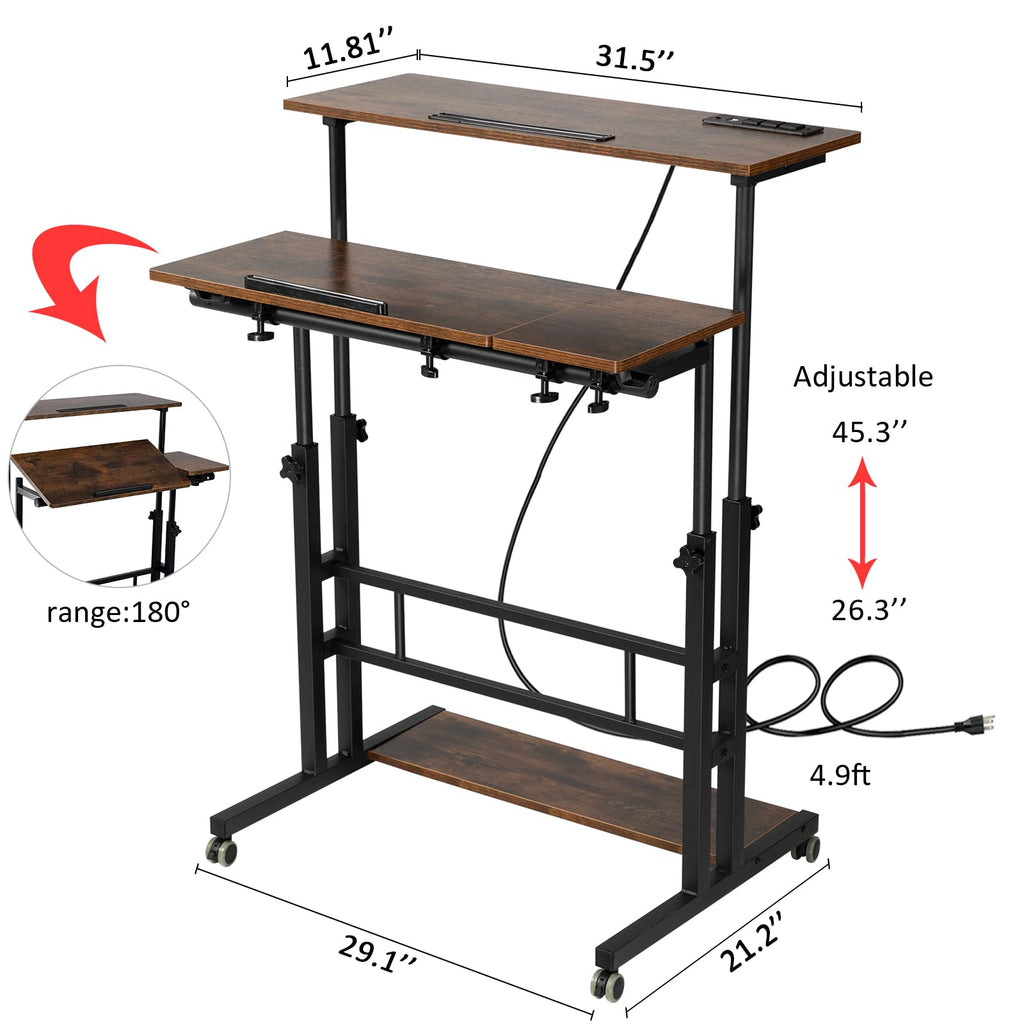 Rustic Brown Upgrade Rolling Adjustable Mobile Standing Desk with Whee ...