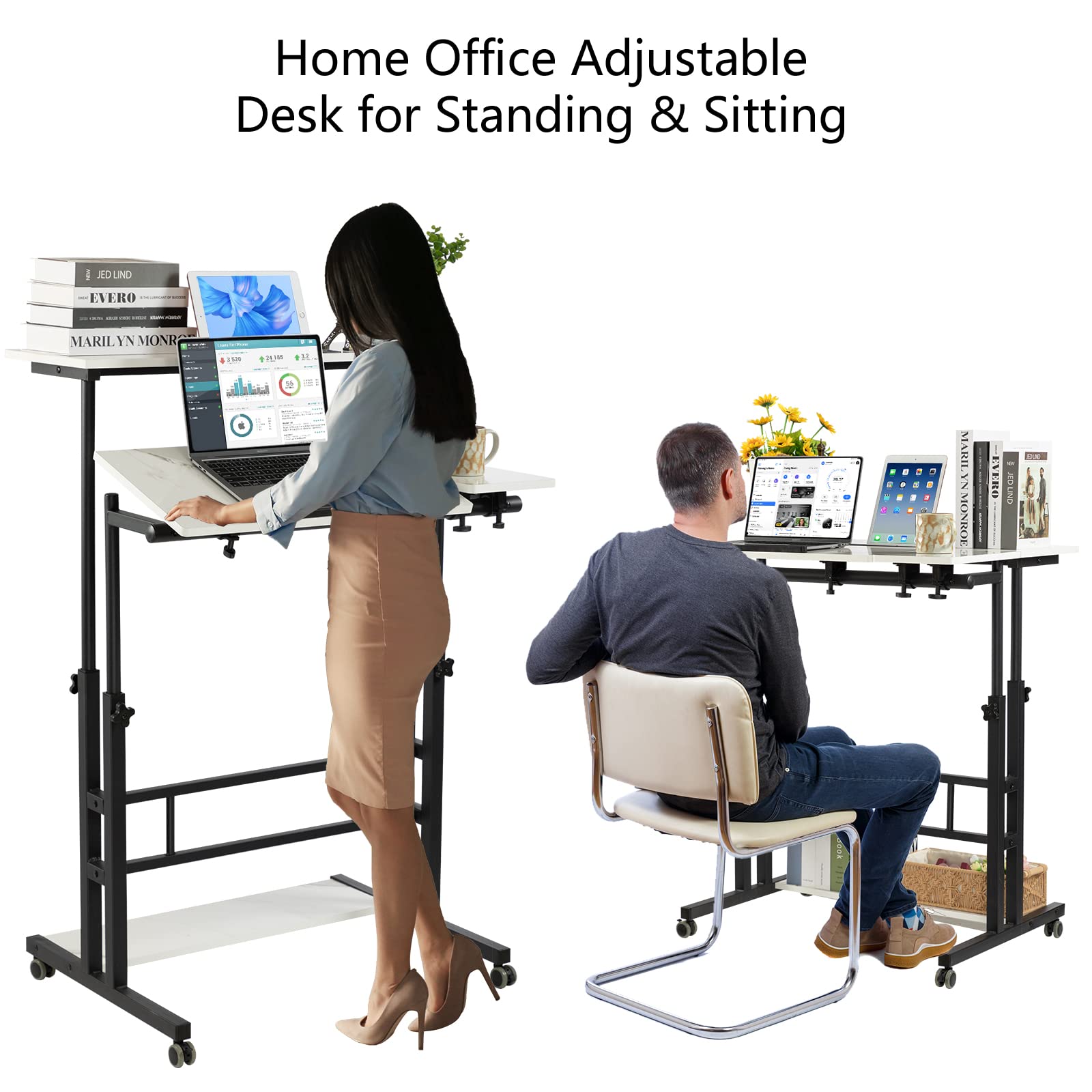 Adjustable Marble White Roller Skating Standing Computer Desk with Whe ...
