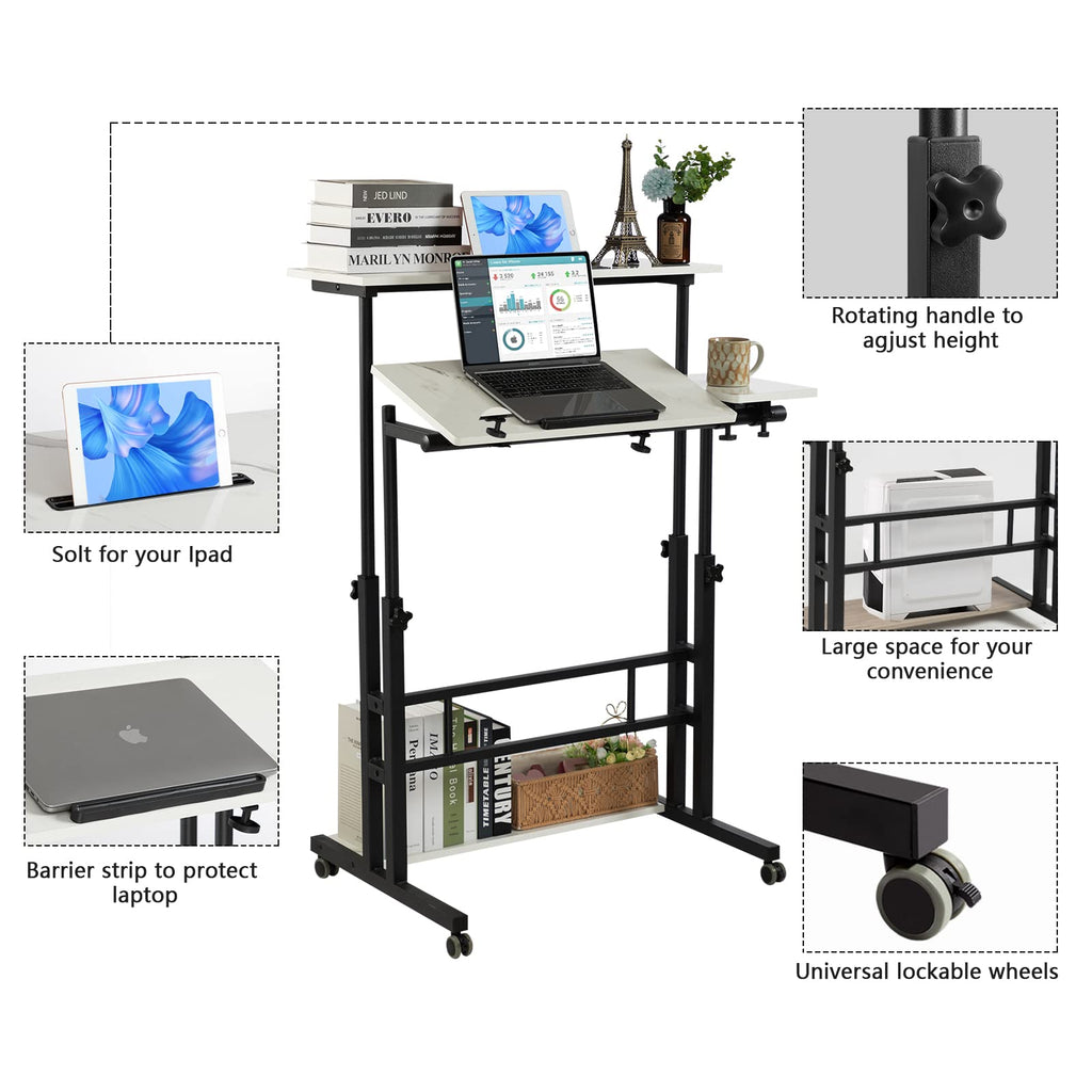 Adjustable Marble White Roller Skating Standing Computer Desk with Whe ...