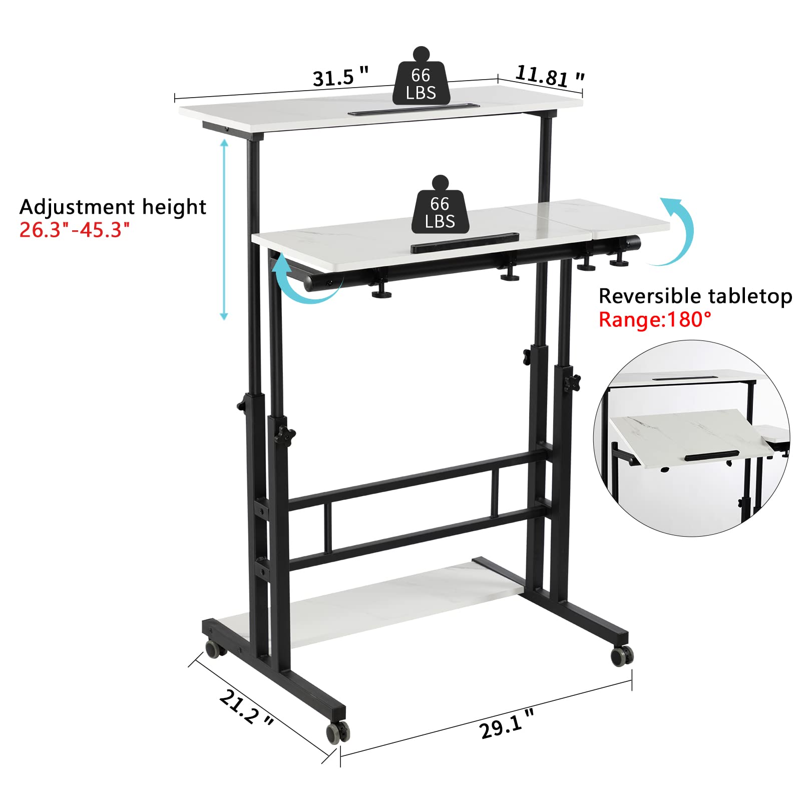Adjustable Marble White Roller Skating Standing Computer Desk with Whe ...