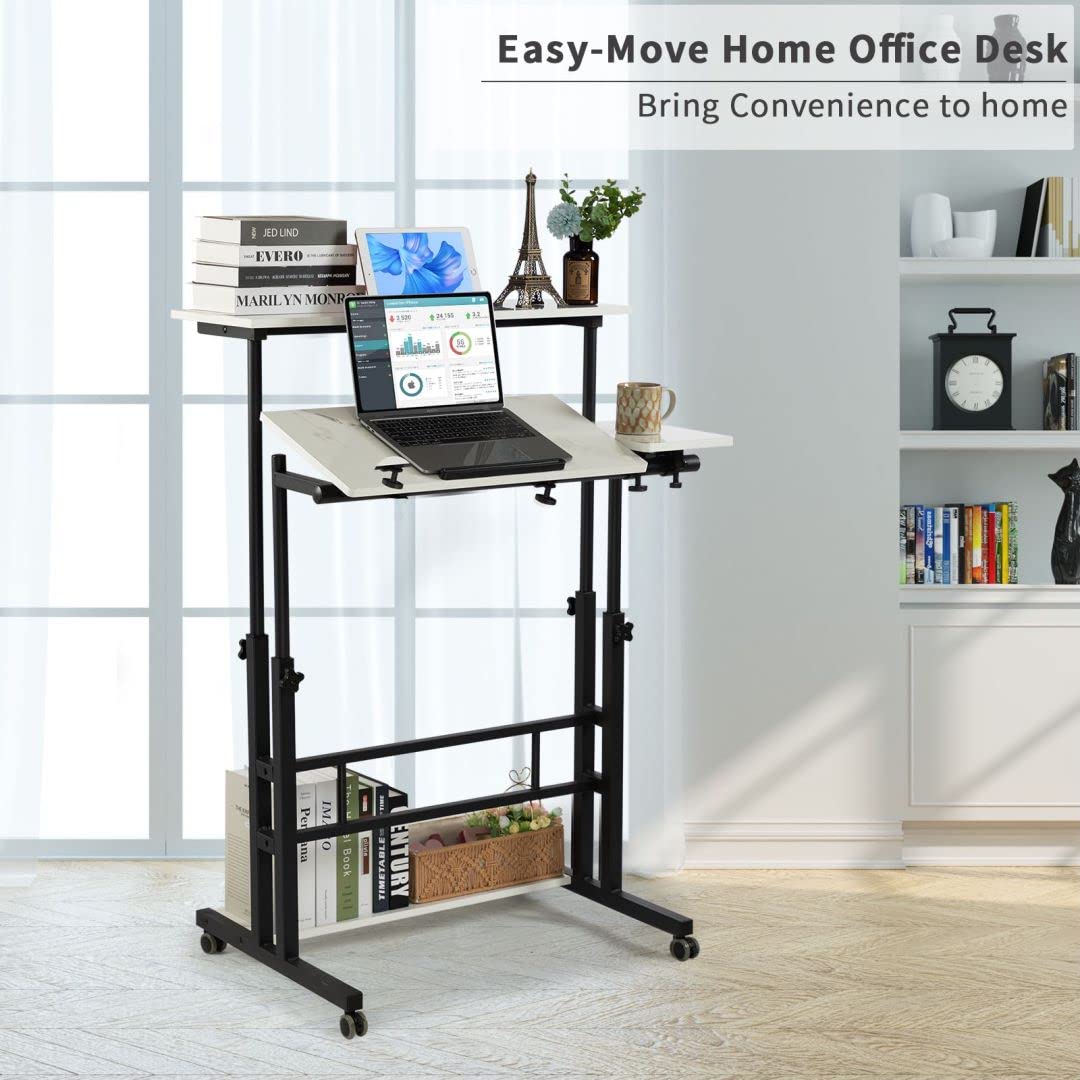 Adjustable Marble White Roller Skating Standing Computer Desk with Whe ...