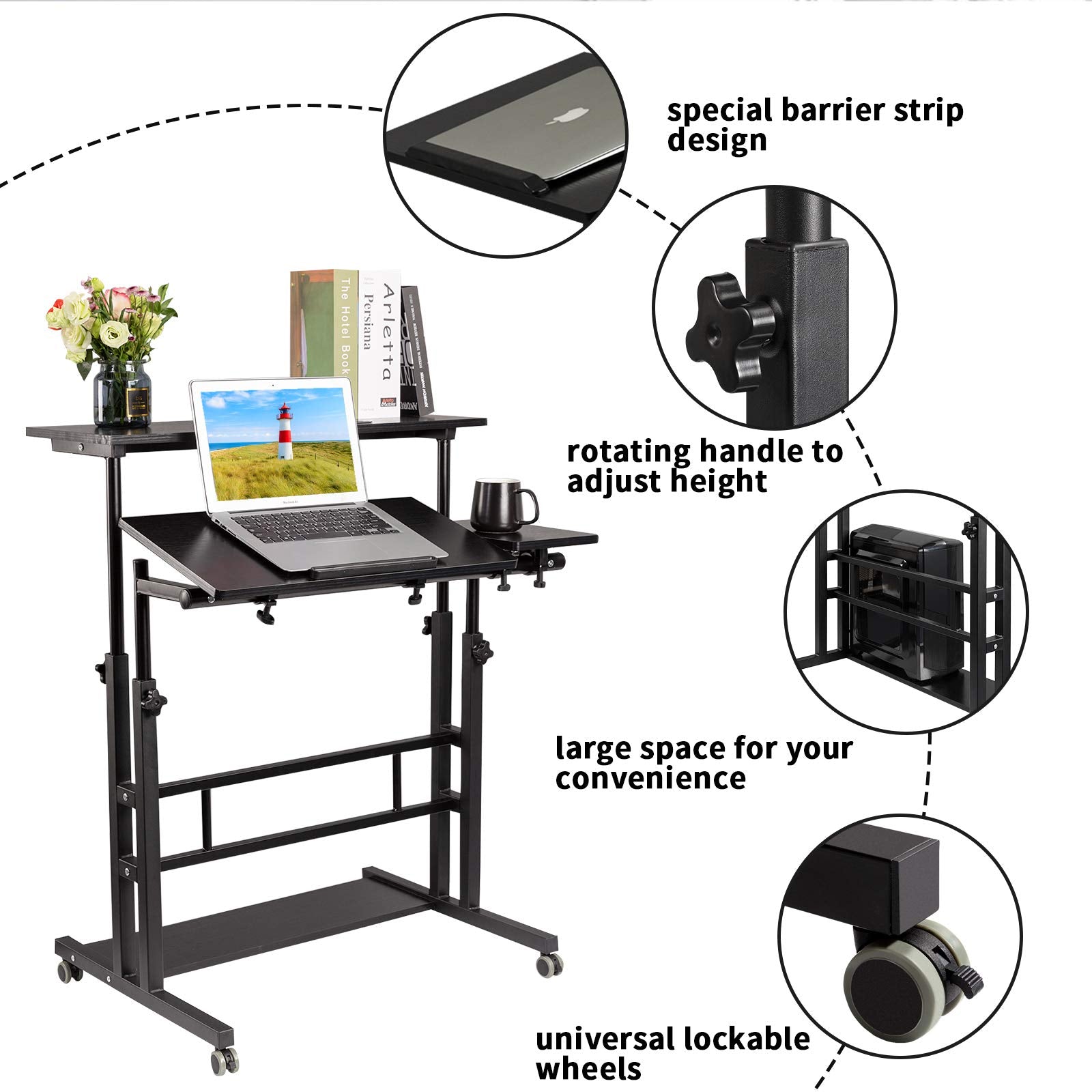 Black Rolling Adjustable Mobile Standing Desk with Wheels – Hadulcet