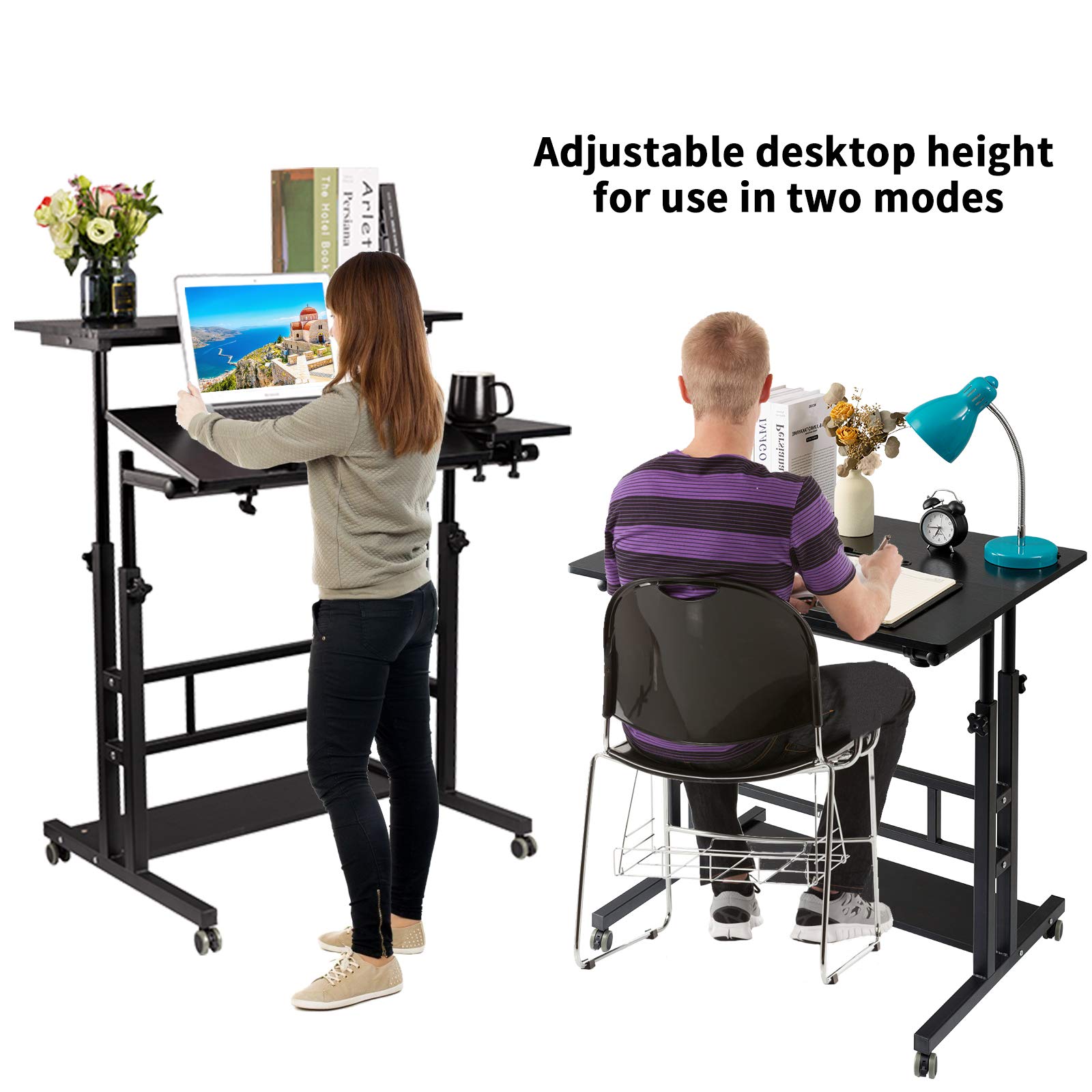 Black Rolling Adjustable Mobile Standing Desk with Wheels – Hadulcet