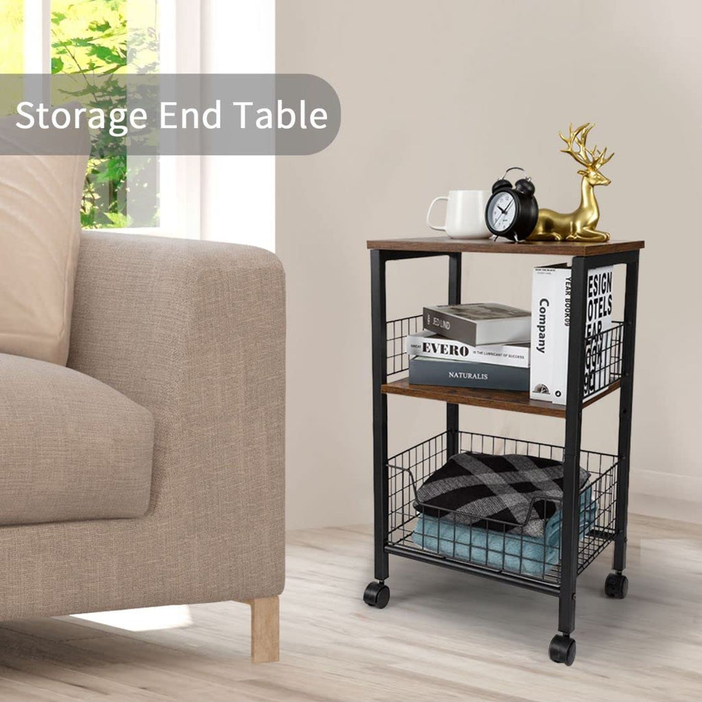 Industrial Style Rustic Brown 3-Tier End Table With Storage Basket ...