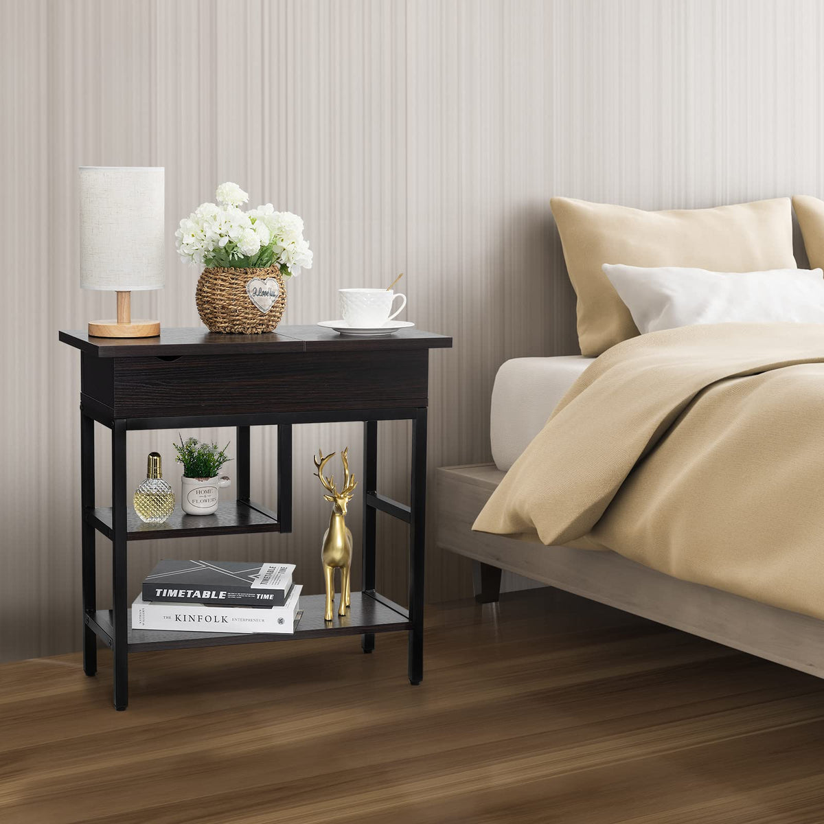 Narrow Flip Top Black Walnut End Table with USB Ports and Outlets ...