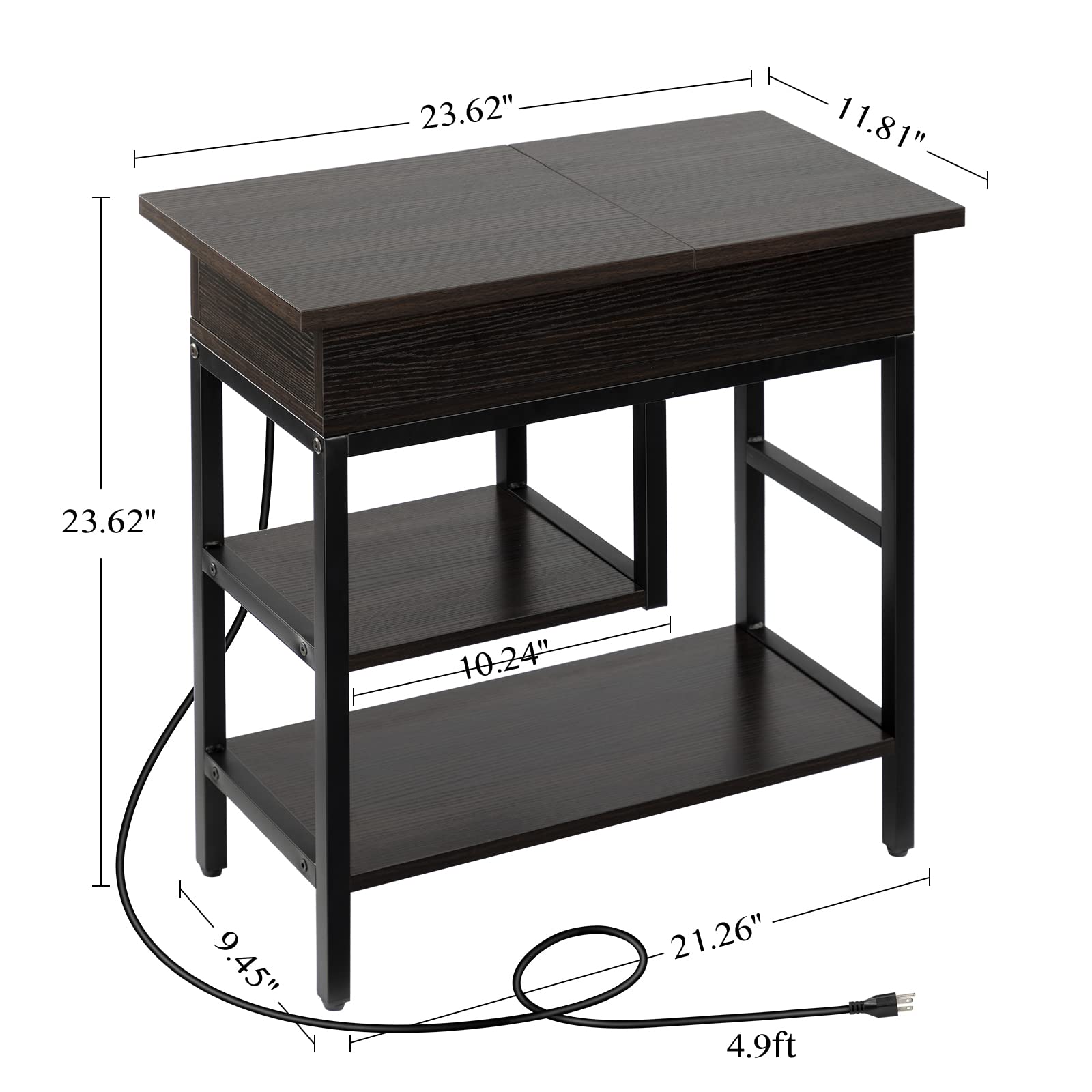 Narrow Flip Top Black Walnut End Table with USB Ports and Outlets ...