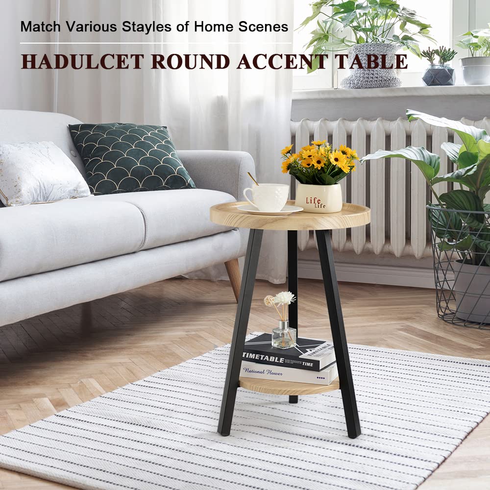 Natural Wood Tone Double-Layered Circular Side Table | Solid Wood Side ...