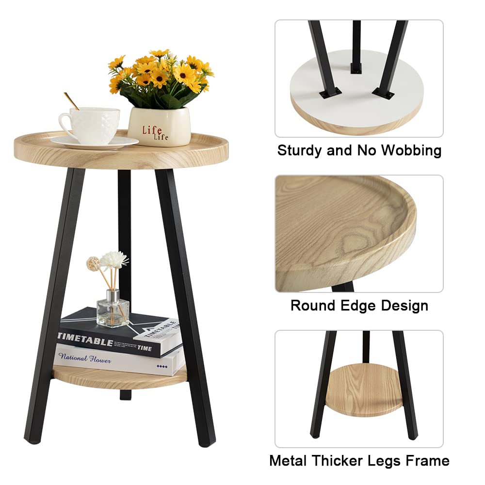 Natural Wood Tone Double-Layered Circular Side Table | Solid Wood Side ...