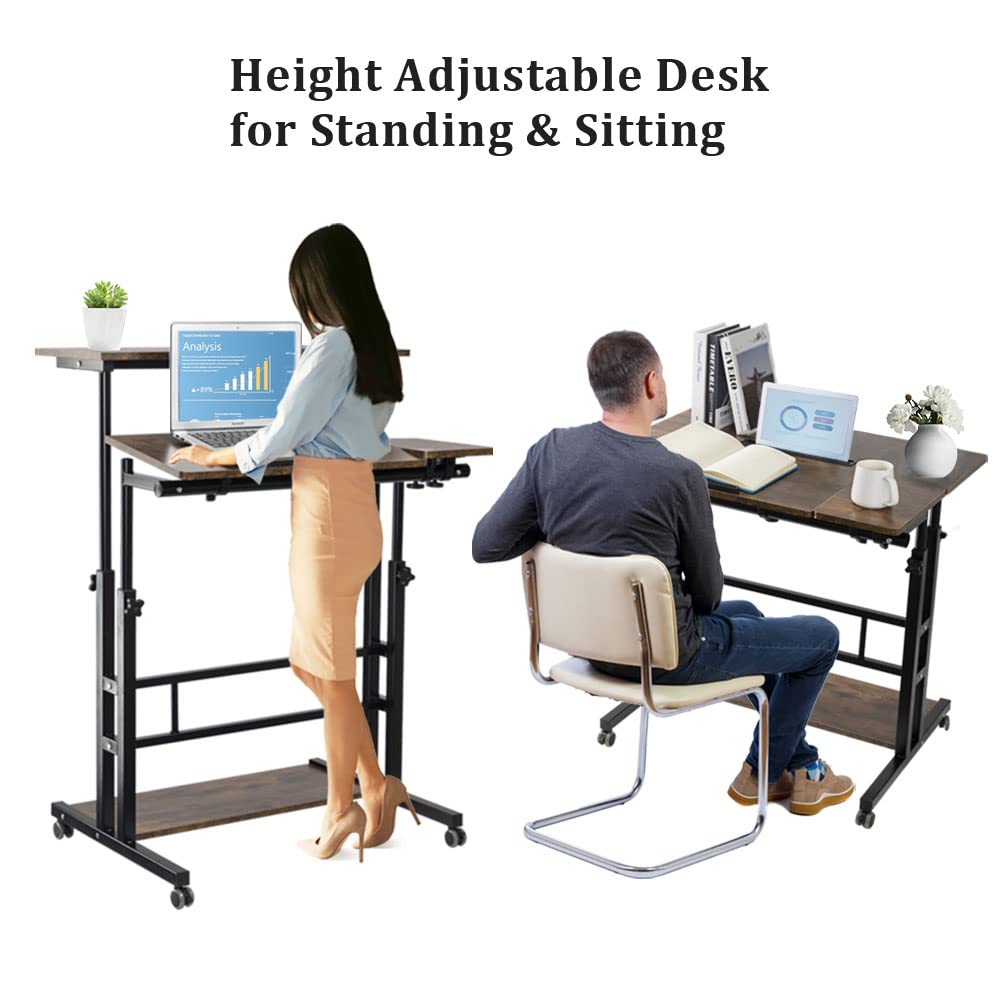 Rustic Brown Adjustable Standing Computer Desk with Wheels - Sturdy ...