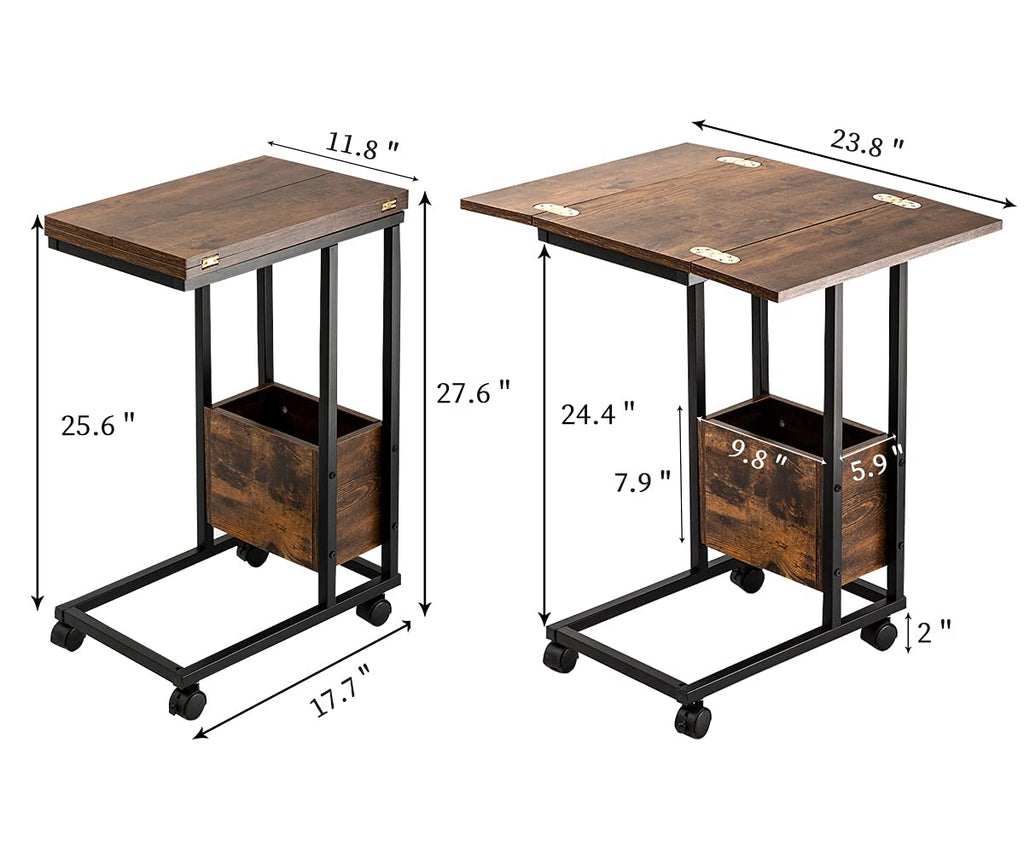Rustic Brown C Shaped Foldable Side Table With Storage Basket And Whee ...