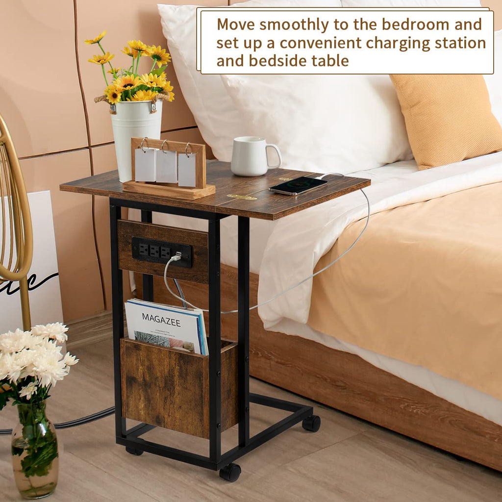 Upgrade Rustic Brown Foldable Side Table With Charging Station for Liv ...