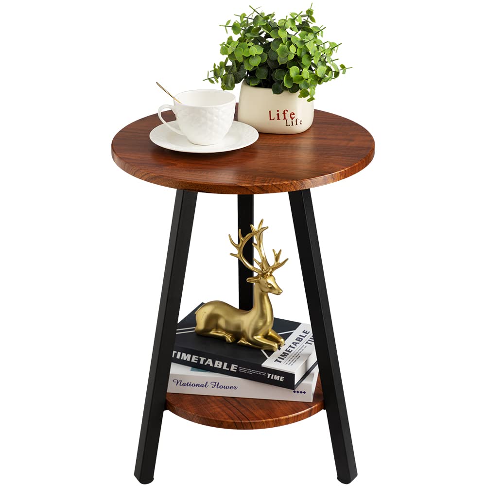 Natural Wood Tone Double-Layered Circular Side Table | Solid Wood Side ...