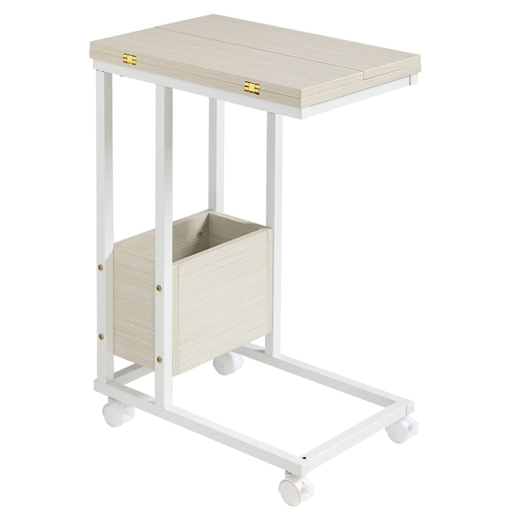 Rustic Brown C Shaped Foldable Side Table With Storage Basket And Whee ...